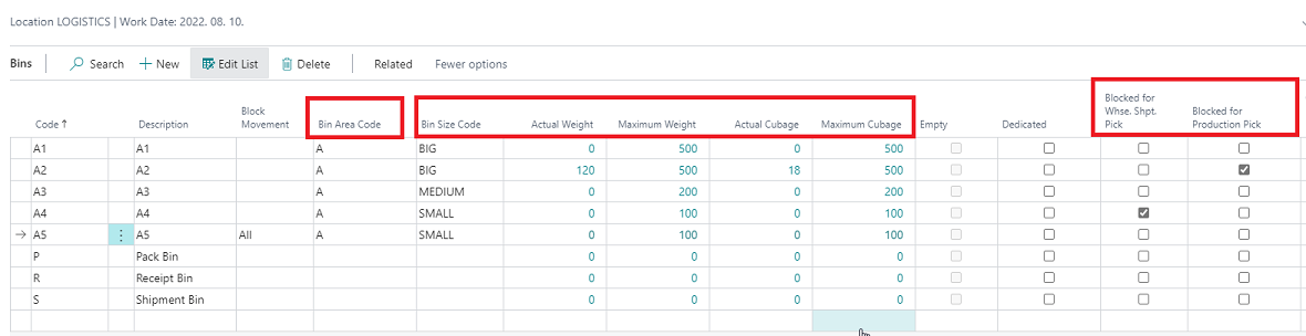 COSMO Logistics setup fields on the Bins | Logistics
