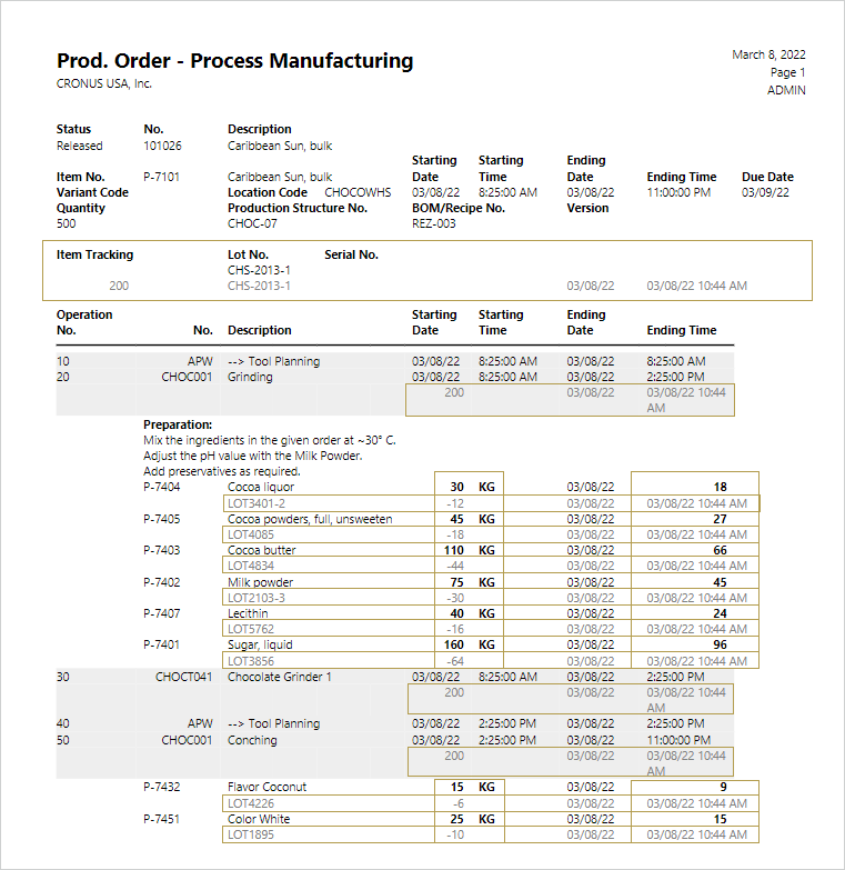 Production Order - Process Manufacturing Report | COSMO Advanced Manufacturing Suite