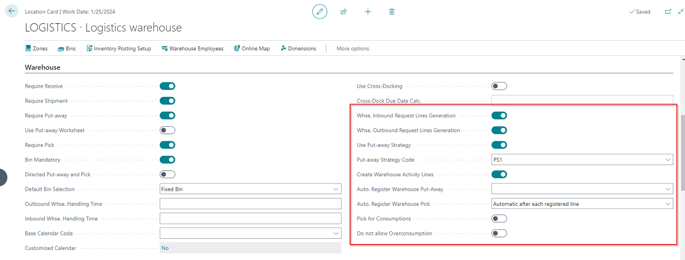 COSMO Logistics setup fields on the Location card | Logistics